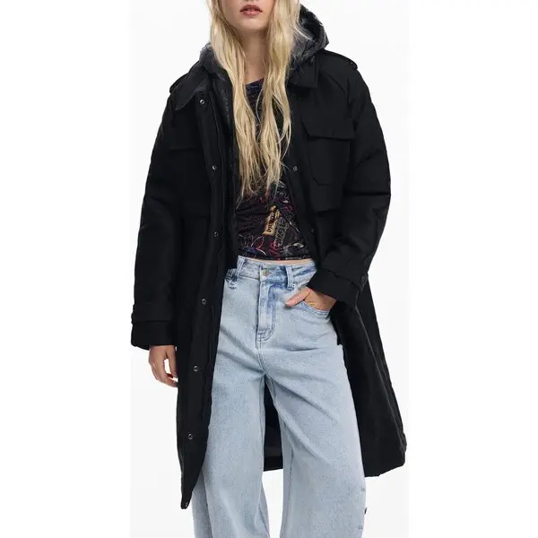 Desigual Padded Longline Trench Coat With Removable Hood