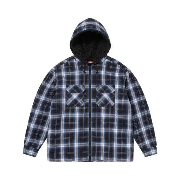 Supreme Lined Zip Up Hooded Flannel Shirt - Black