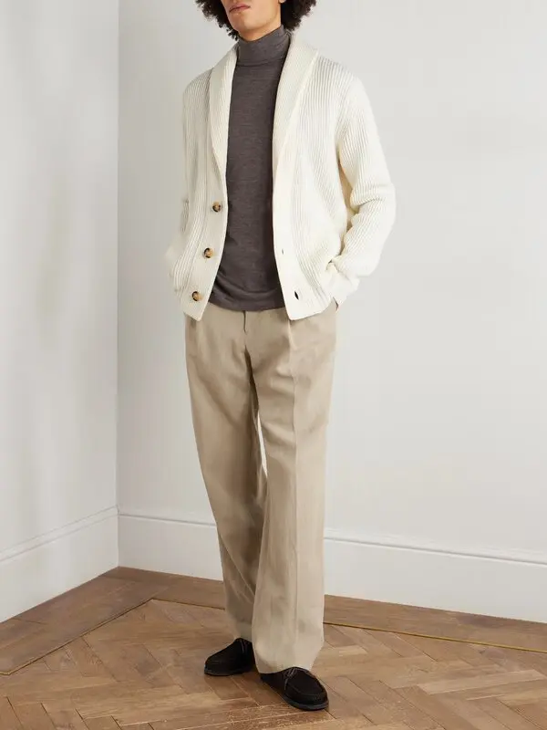 Thom Sweeney Shawl-collar Ribbed Wool Cardigan
