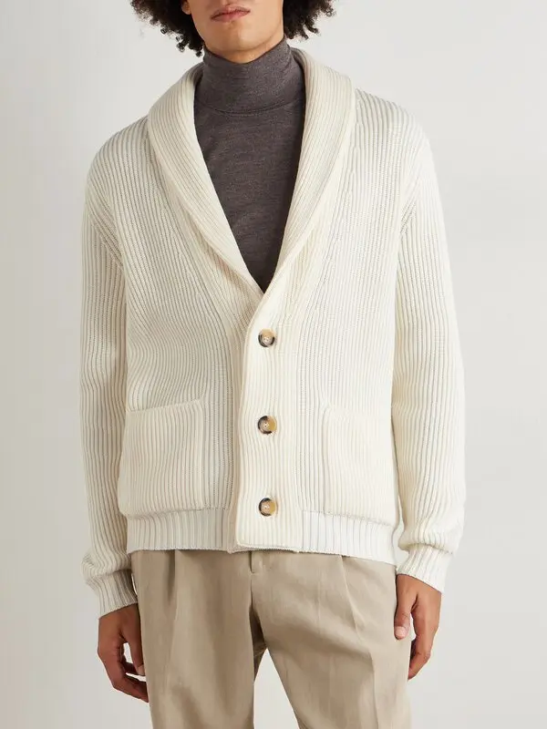 Thom Sweeney Shawl-collar Ribbed Wool Cardigan