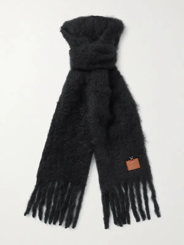 Loewe Logo-appliquéd Fringed Mohair And Wool-blend Scarf - Black