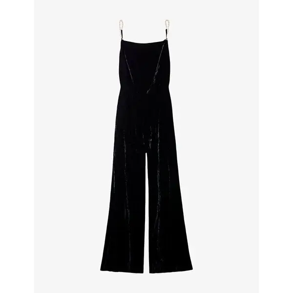 Sandro Jewel-strap Square-neck Velvet Jumpsuit - Black