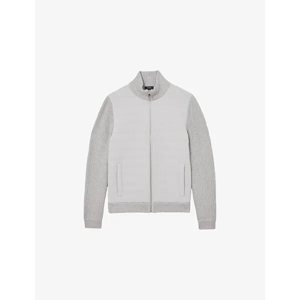 REISS Funnel-neck Ribbed-knit Jacket - Soft Grey