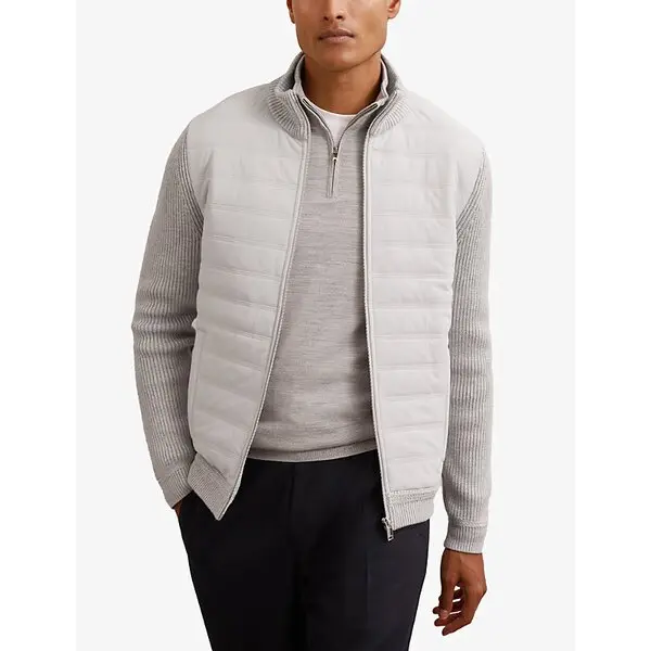 REISS Funnel-neck Ribbed-knit Jacket - Soft Grey