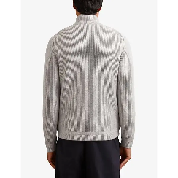 REISS Funnel-neck Ribbed-knit Jacket - Soft Grey