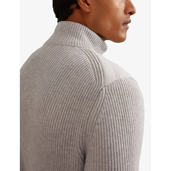 REISS Funnel-neck Ribbed-knit Jacket - Soft Grey