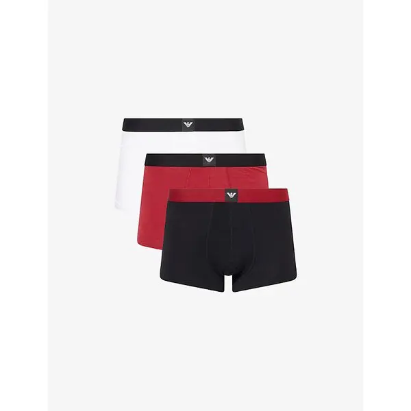 Emporio Armani Logo-patch Pack Of Three Cotton-jersey Trunks - Rhubarb/black/white