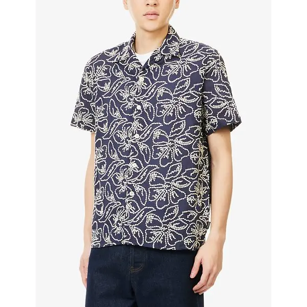Paul Smith Floral-embroidered Short-sleeve Cotton-blend Shirt