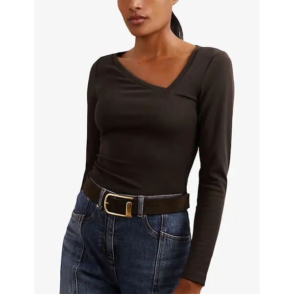 REISS Asymmetric-neck Stretch-cotton Top - Chocolate Brown