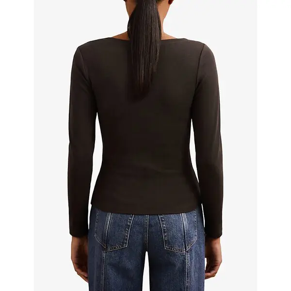 REISS Asymmetric-neck Stretch-cotton Top - Chocolate Brown