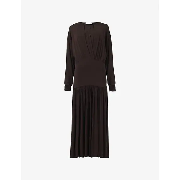 LEEM Batwing-sleeve Gathered Stretch-woven Midi Dress - Brown