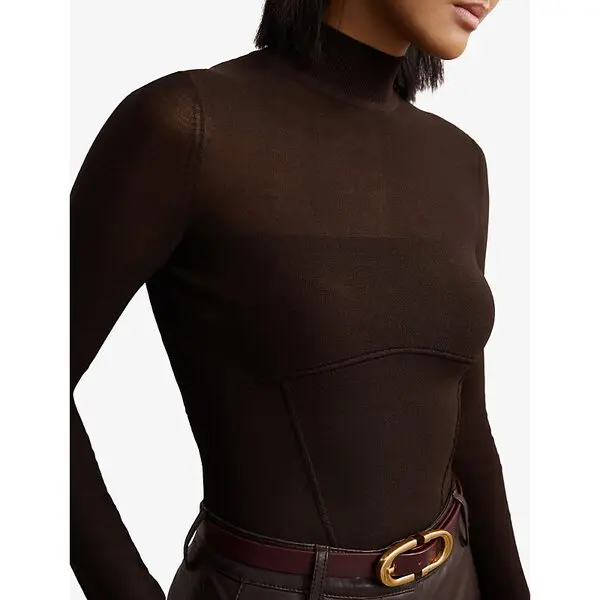 REISS Sofia Funnel-neck Knitted Top - Chocolate Brown
