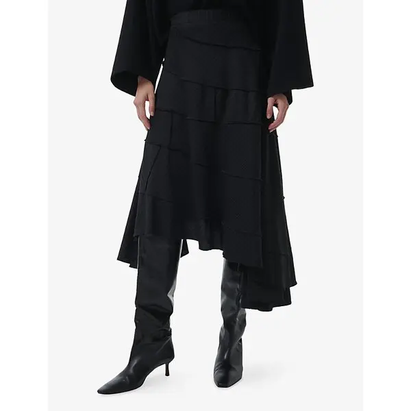 LEEM Panelled Asymmetric-hem Woven Midi Skirt