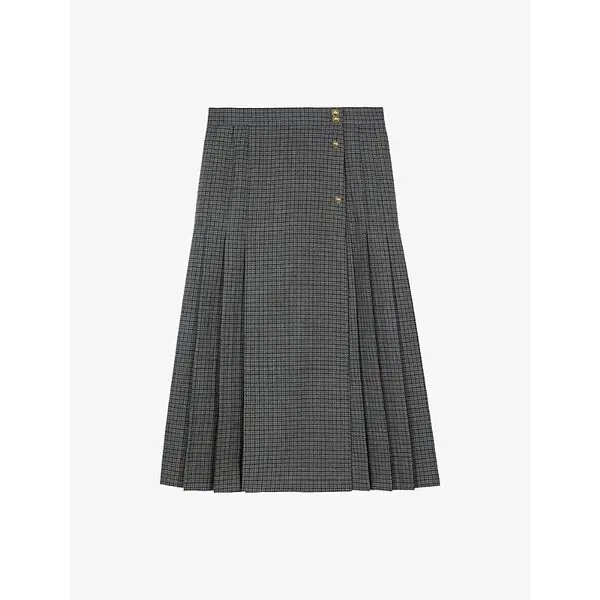 The Kooples Checked Wool Midi Skirt With Button Embellishment