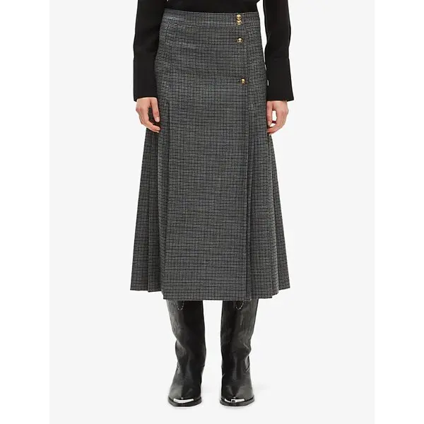 The Kooples Checked Wool Midi Skirt With Button Embellishment