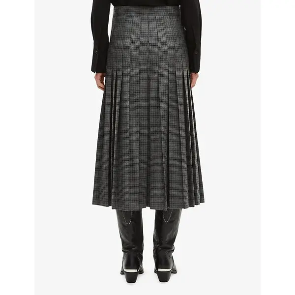 The Kooples Checked Wool Midi Skirt With Button Embellishment
