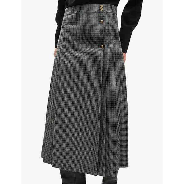 The Kooples Checked Wool Midi Skirt With Button Embellishment