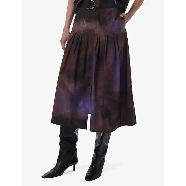 LEEM Printed Belted Cotton Midi Skirt