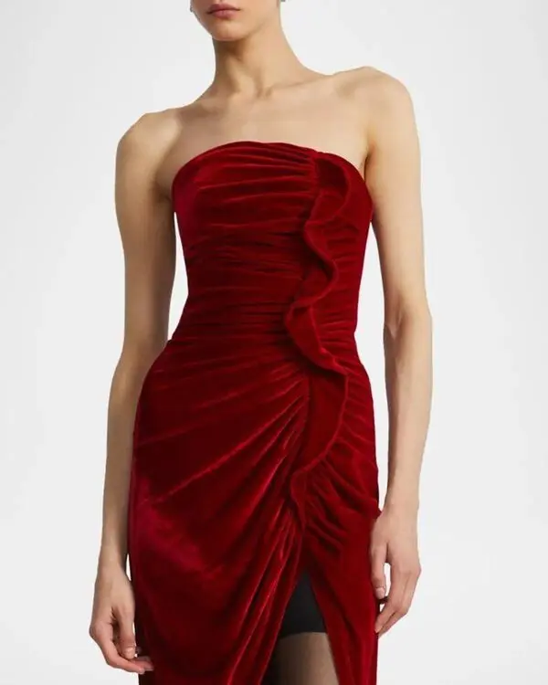 Bcbgmaxazria Strapless Velvet Ruffle Midi Dress