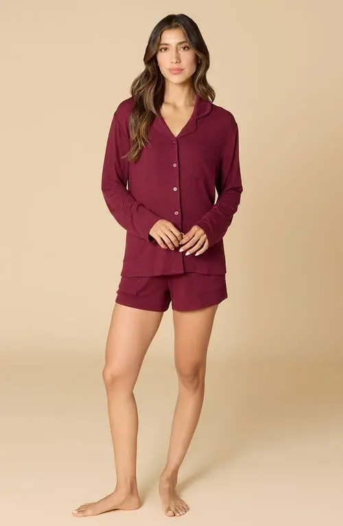 SOFTIES Aria Slim Notch Collar Long Sleeve Short Set - Cherry Cola