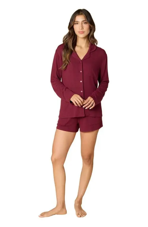 SOFTIES Aria Slim Notch Collar Long Sleeve Short Set - Cherry Cola