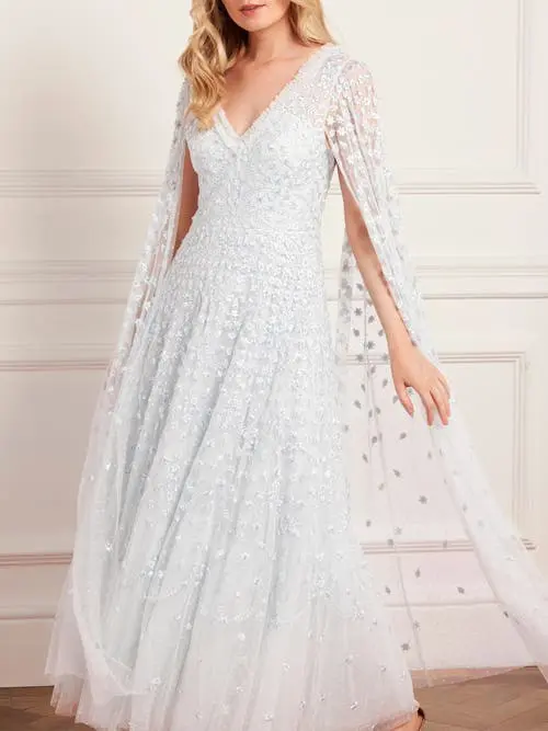 NEEDLE & THREAD Clover Cape Sleeve Ankle Gown - Ice Blue
