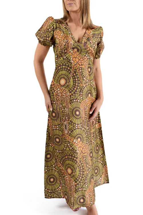 Kenny Flowers Puff Sleeve V-neck Maxi Dress - Brown