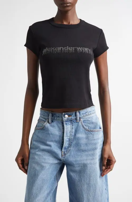 Alexander Wang Hotfix Crystal Logo Baby Tee - Black