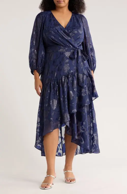 Anne Klein Metallic Long Sleeve High-low Wrap Dress