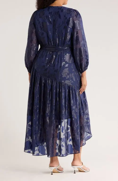 Anne Klein Metallic Long Sleeve High-low Wrap Dress