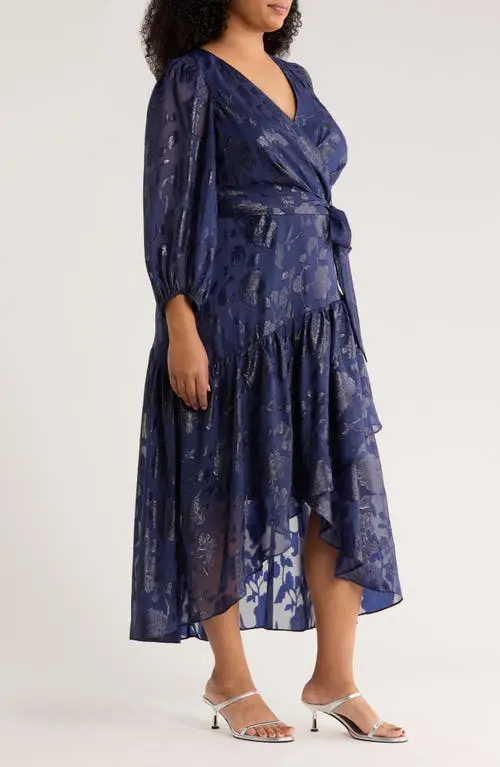 Anne Klein Metallic Long Sleeve High-low Wrap Dress