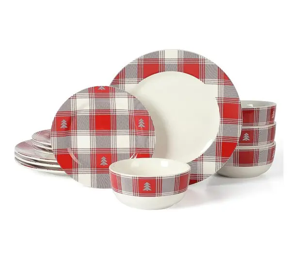MARTHA STEWART 12 Piece Plaid Stoneware Dinnerw Are Set - One-color