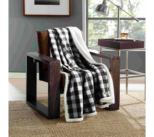 Eddie Bauer Cabin Plaid Black Cotton Throw & Pi Low Set