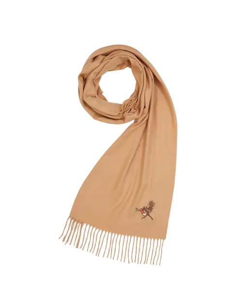 FABLE ENGLAND Robin Embroidered Cosy Camel Scarf - Tan