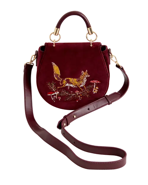 FABLE ENGLAND Fox & Mushroom Embroidered Saddle Bag - Red