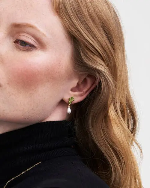 FABLE ENGLAND Oak Leaf Pearl Drop Earrings