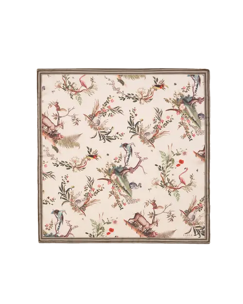 FABLE ENGLAND Toile De Jouy Olive Green Square Scarf - Ivory