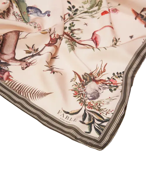 FABLE ENGLAND Toile De Jouy Olive Green Square Scarf