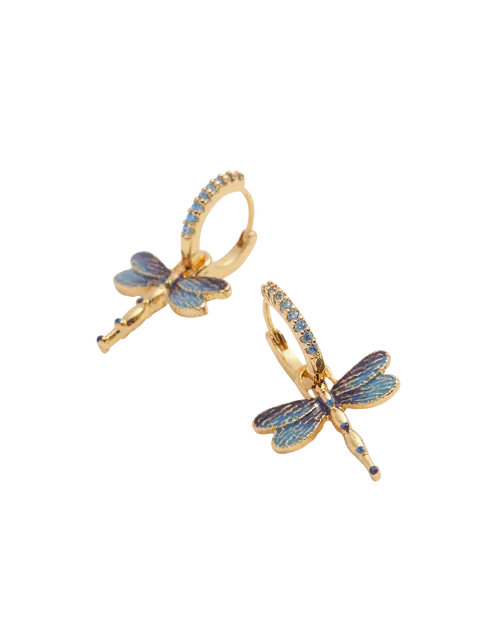 FABLE ENGLAND Dragonfly Crystal Hoop Earrings - Blue & Gold