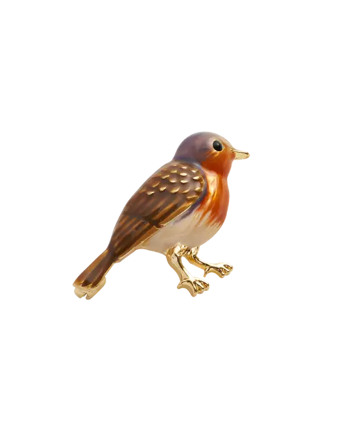 FABLE ENGLAND Enamel Robin Brooch - Multi & Gold