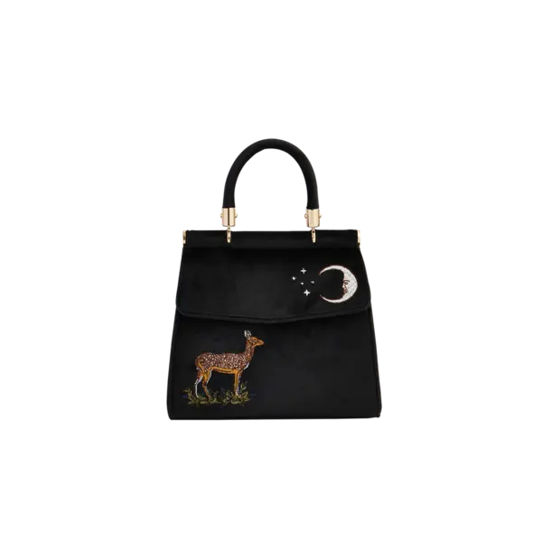 FABLE ENGLAND Deer & Moon Embroidered Velvet Tote - Black