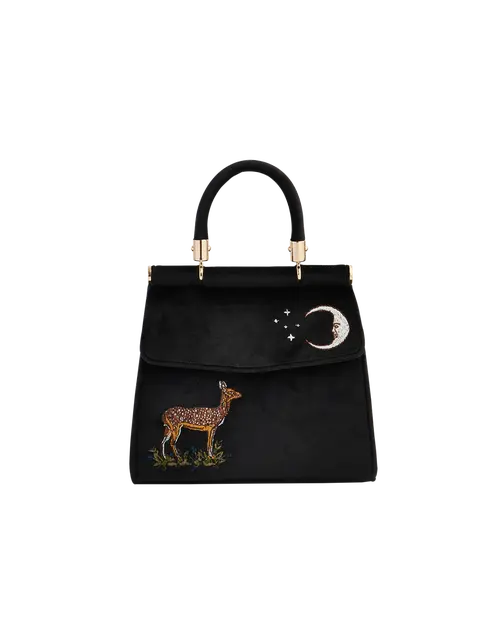 FABLE ENGLAND Deer & Moon Embroidered Velvet Tote - Black