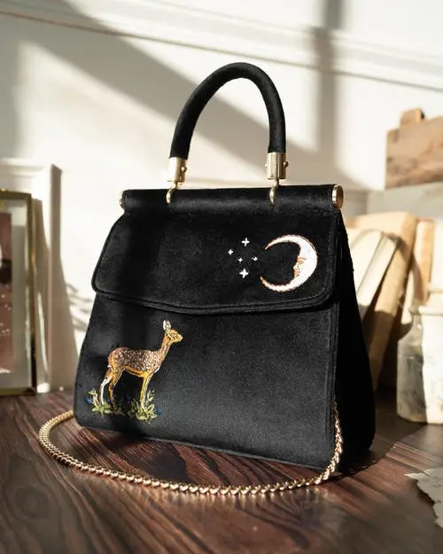 FABLE ENGLAND Deer & Moon Embroidered Velvet Tote