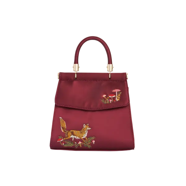 FABLE ENGLAND Fox & Mushroom Embroidered Burgundy Satin Tote - Red