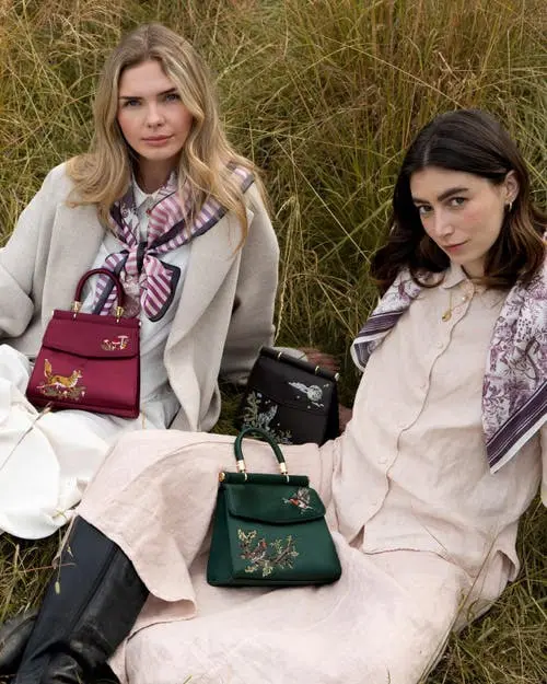 FABLE ENGLAND Fox & Mushroom Embroidered Burgundy Satin Tote - Red