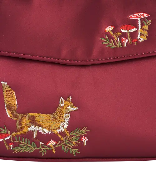 FABLE ENGLAND Fox & Mushroom Embroidered Burgundy Satin Tote - Red