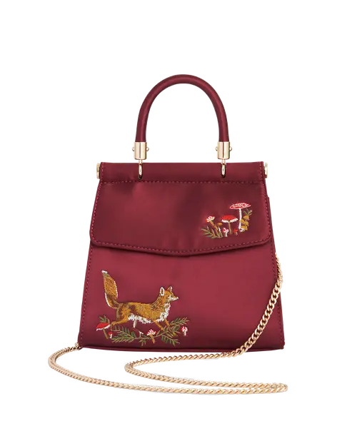 FABLE ENGLAND Fox & Mushroom Embroidered Burgundy Satin Tote - Red