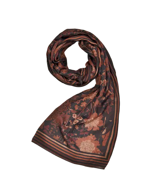 FABLE ENGLAND Deco Blooms Brown Stripe Border Midweight Scarf - Black