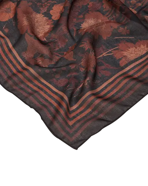 FABLE ENGLAND Deco Blooms Brown Stripe Border Midweight Scarf - Black