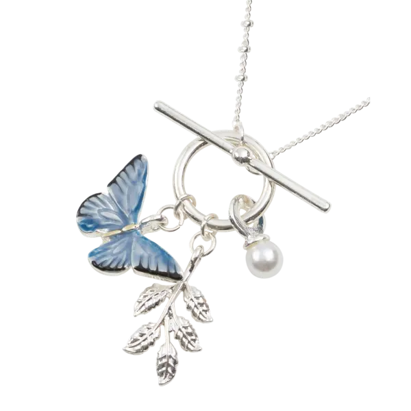 FABLE ENGLAND Butterfly T-bar Necklace - Blue & Silver